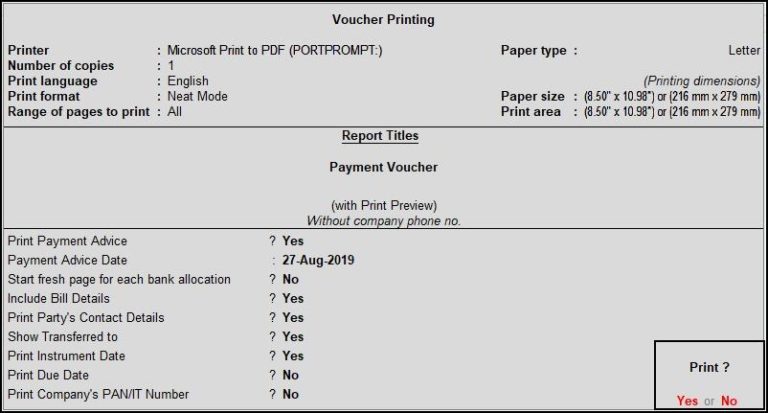 Payment advice print in Tally - Single and multiple payment advice